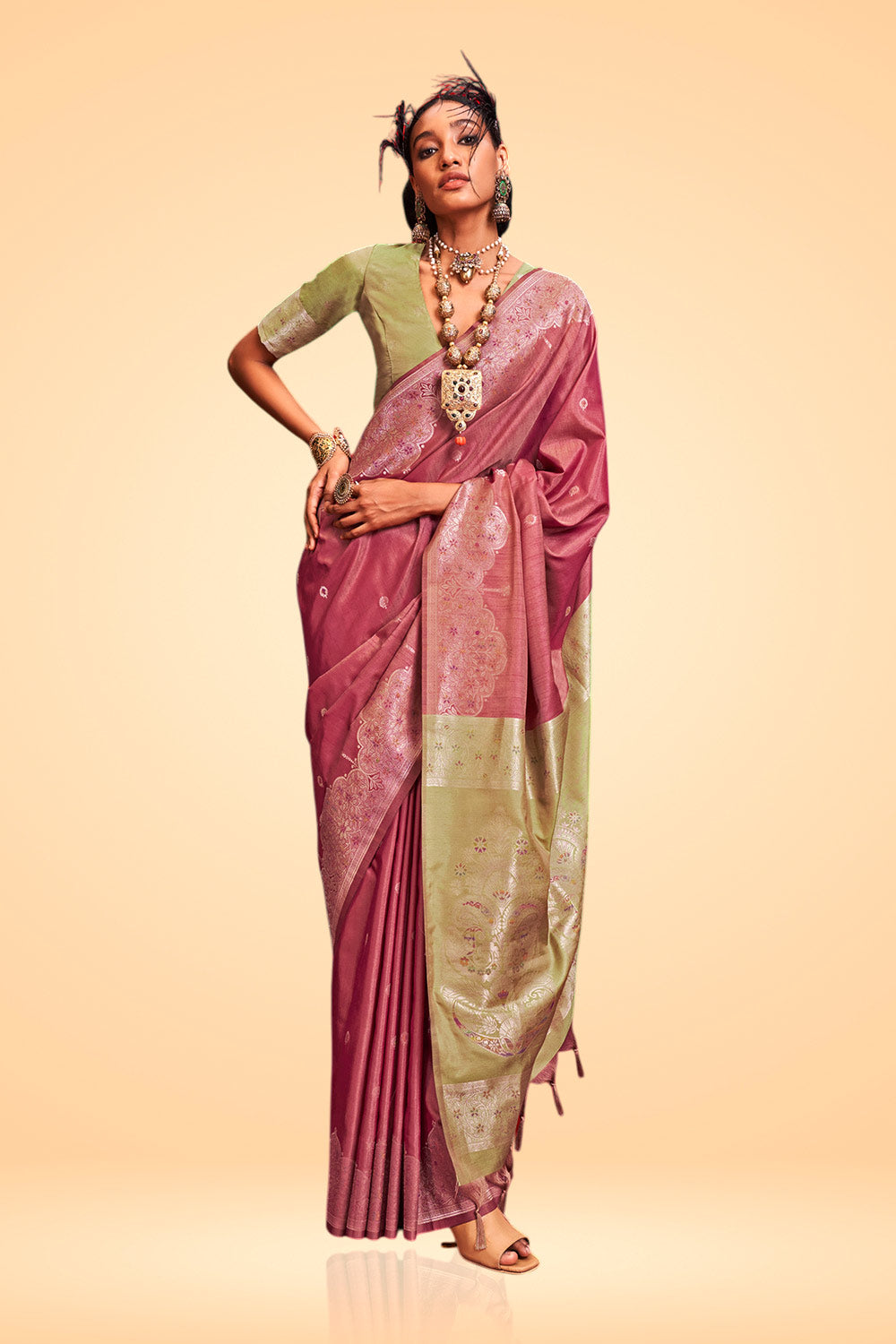 Anaya Pink Tussar Silk Handloom Ikkat Pallu One Minute Saree – ONE ...