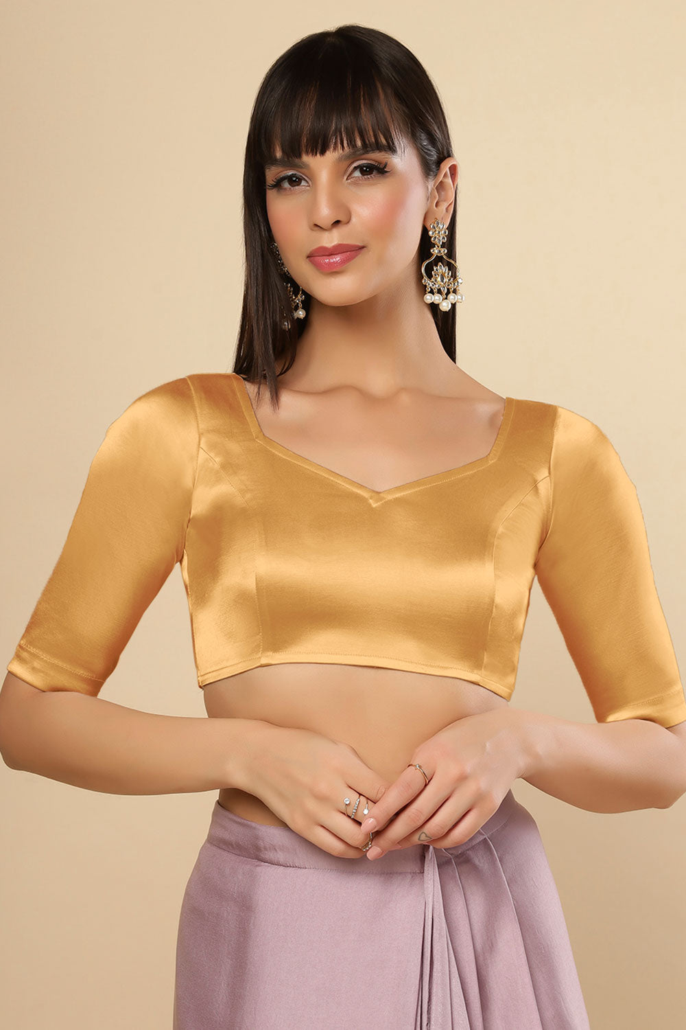 Jules Pentagon Neck Gold Satin Comfort Stretch Elbow Sleeve Saree ...