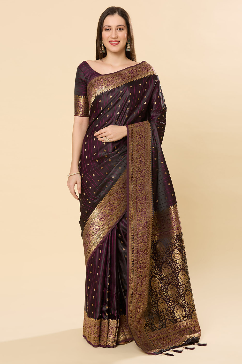 Karnaal Purple Pure Satin Foil Print Saree Online - One Minute Saree ...